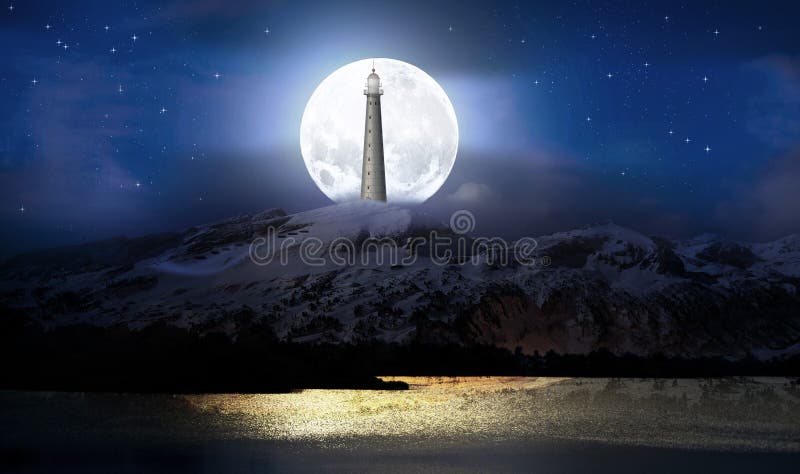 Moon and Lighthouse on the Mountain Stock Image - Image of saturn ...