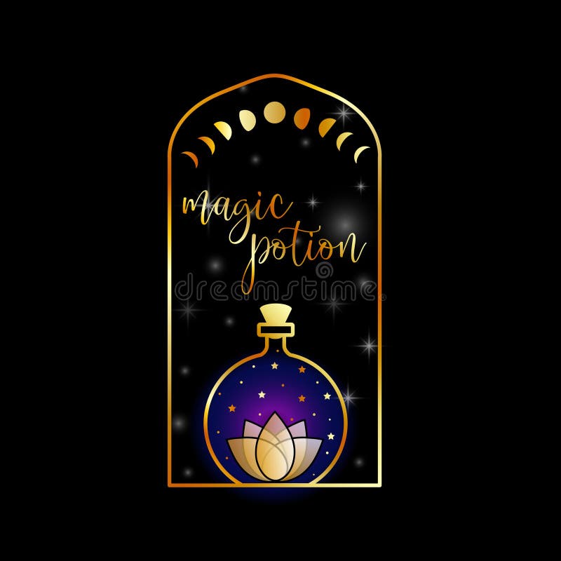 Moon Magic Potion Bottle Jar with Moon Phases Lotus Stars Stock Vector ...