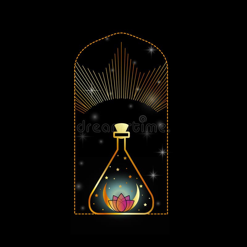 Moon Magic Potion Glass Vial with Moon Phases Lotus Stars Stock Vector ...