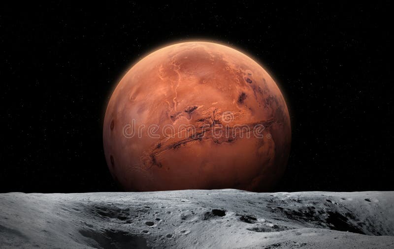 Moon and Mars. Moon Surface with Craters and Planet Mars. Stock Image ...