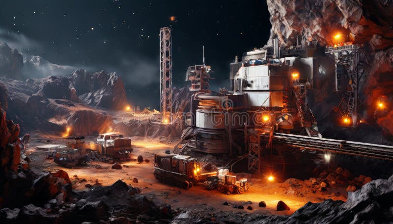 Moon Mining Facility Illuminated by Artificial Lights at Night Stock ...