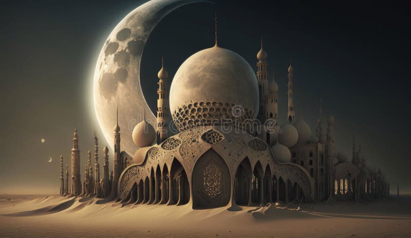 Moon and Mosque Scene with Moon Stock Illustration - Illustration of ...