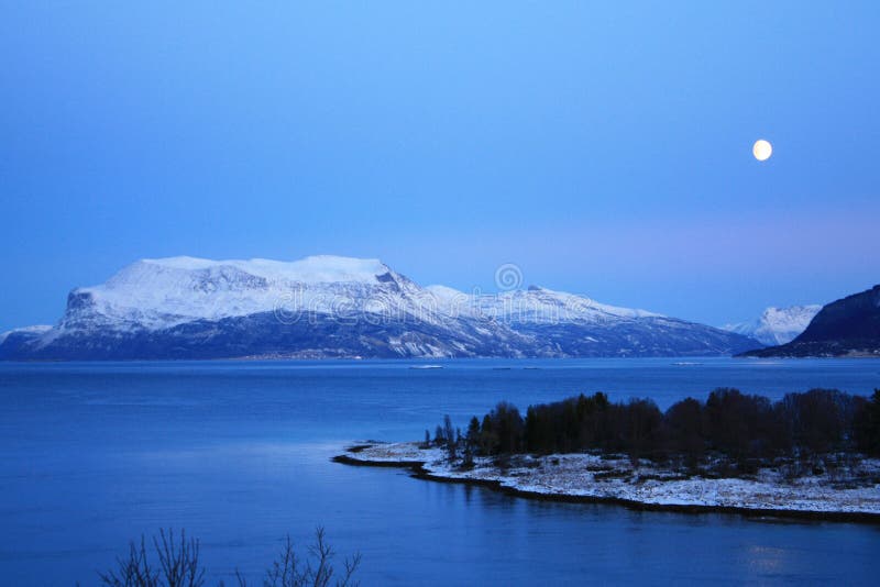 Moon on Narvik s fjord stock photo. Image of fjord, cold - 12107098