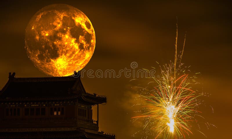 Moon night and Fireworks stock image. Image of crater - 66705331
