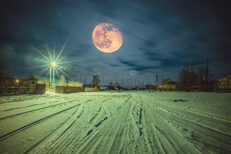 Moon at Night Over the Village in Winter Stock Photo - Image of night ...