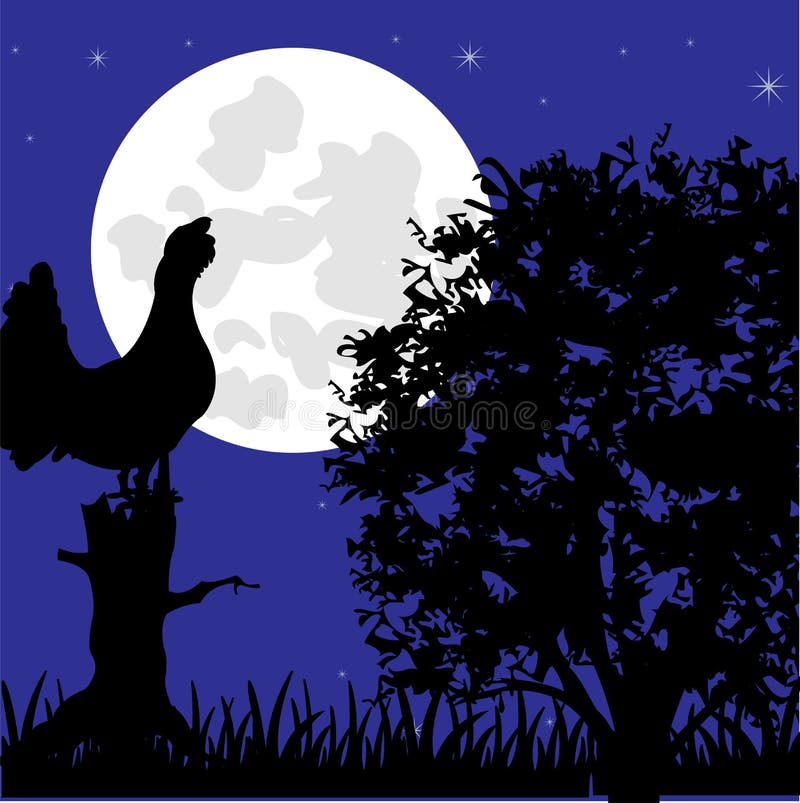 Moon Night and Silhouette of the Bird on Tree Stock Vector ...