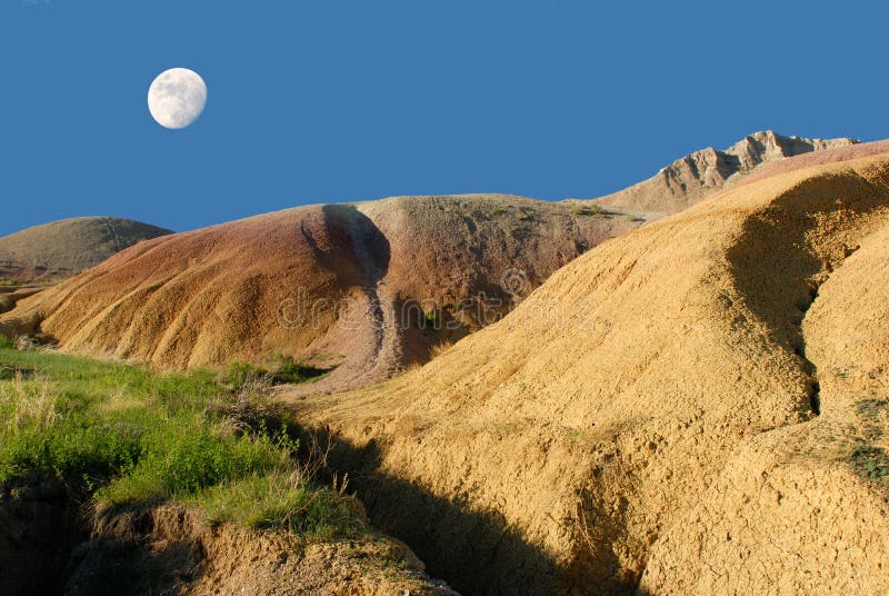 Moon over badlands stock image. Image of yellow, badlands - 9739107