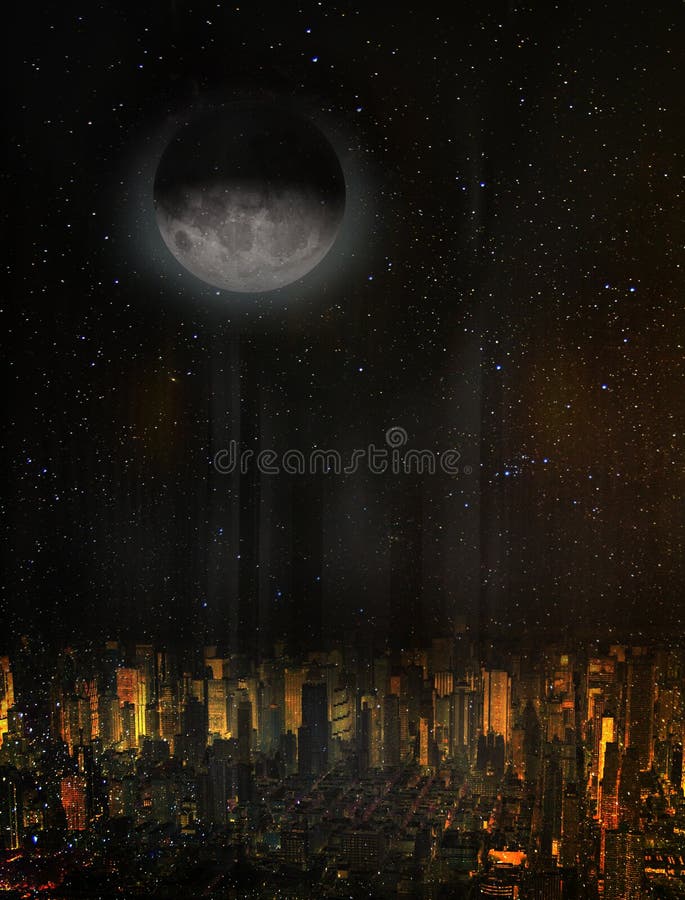 Moon over the city. stock image. Image of dusk, moon - 209151327