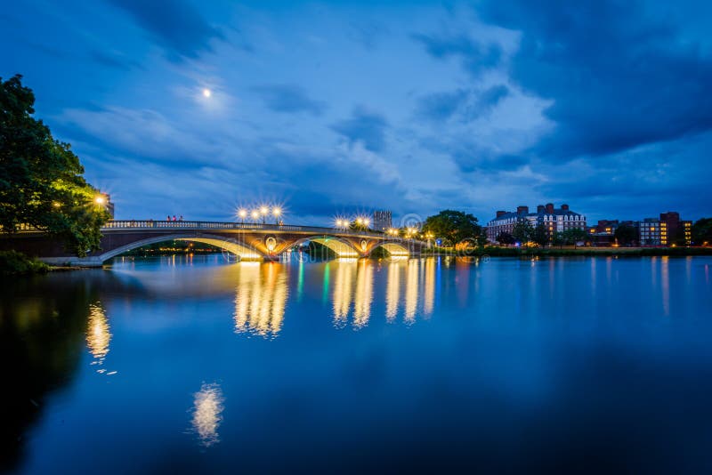 The Moon Over the John W Weeks Bridge and Charles River at Night Stock ...