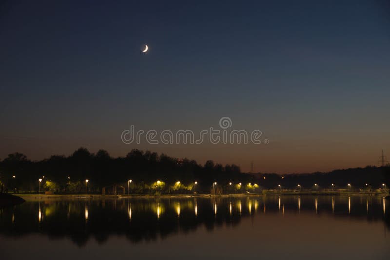 Moon Over the Lake at Night Stock Image - Image of summer, downtown ...
