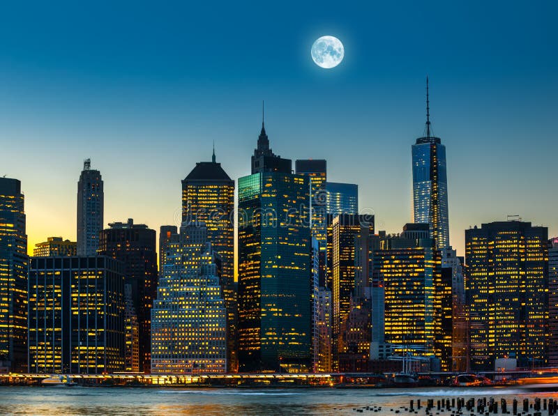 Moon over Manhattan stock image. Image of america, architecture - 36536929