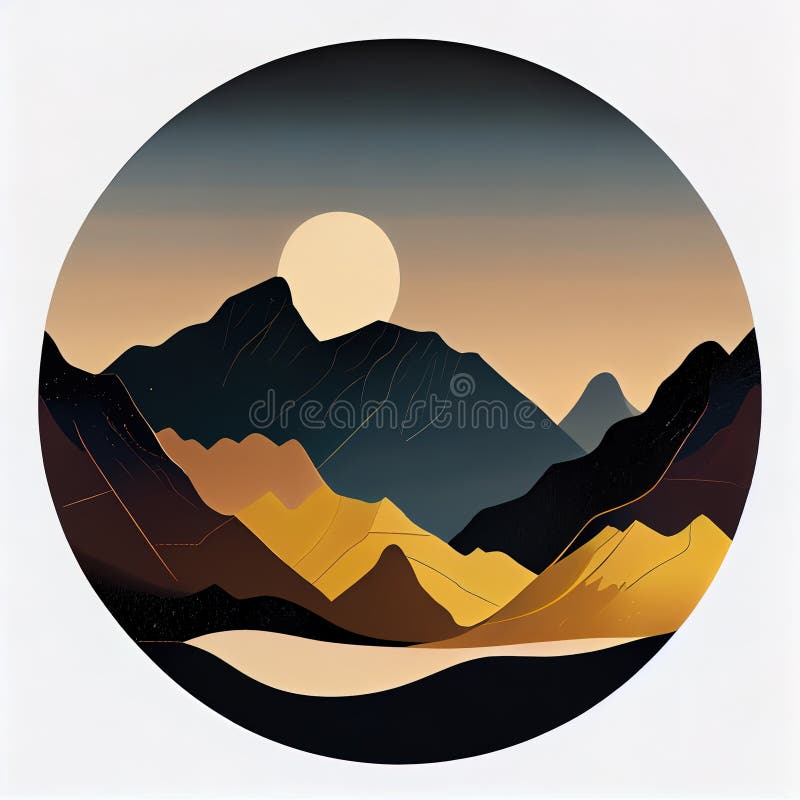 Moon Over Mountains, Circular Minimalist Modern Illustration, AI ...