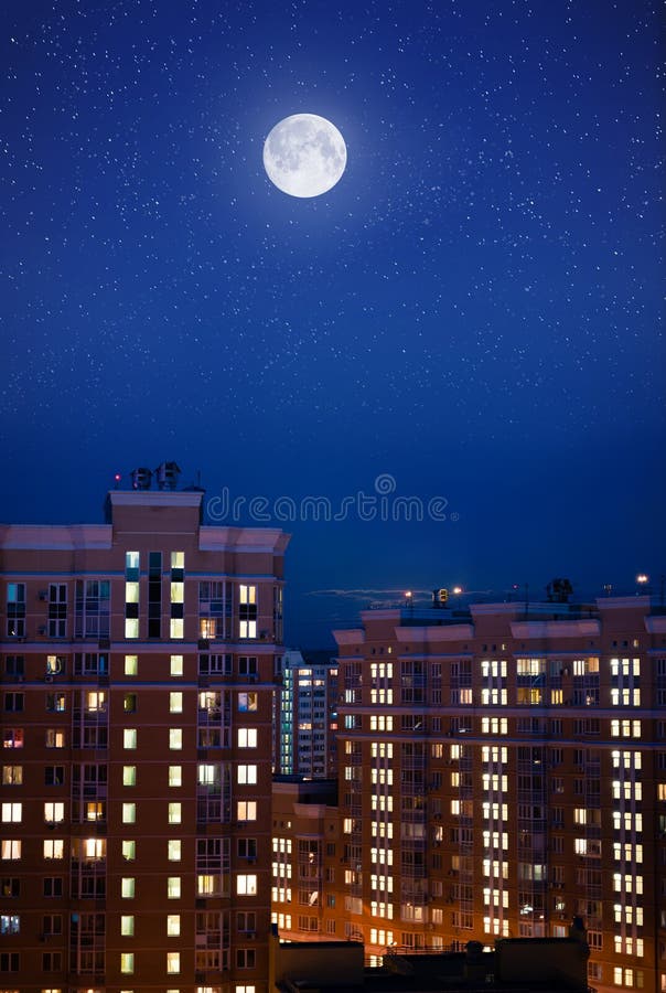 Moon over night city stock photo. Image of town, street - 69060054