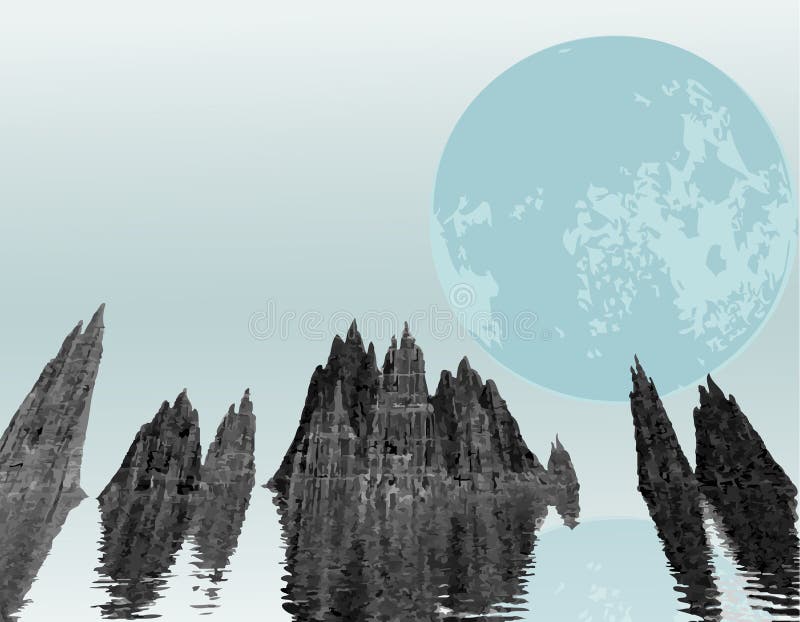 Moon over ocean rocks stock illustration. Illustration of calm - 3307972