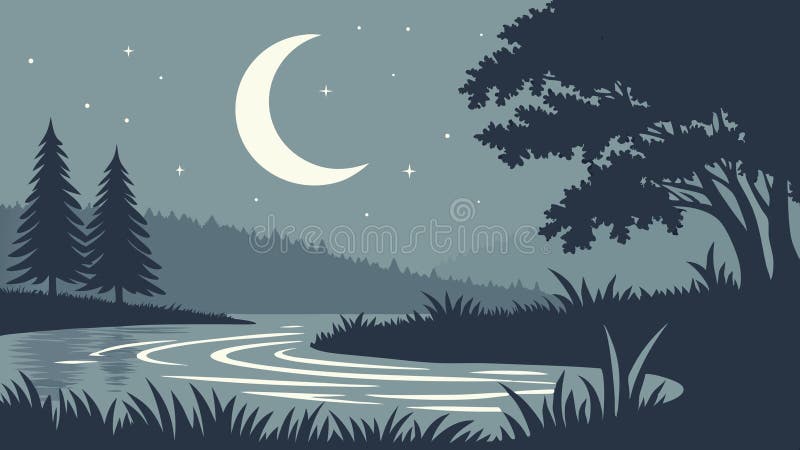 Moon Over River at Night, Peaceful Nature Scene, Tranquil Vector Design ...