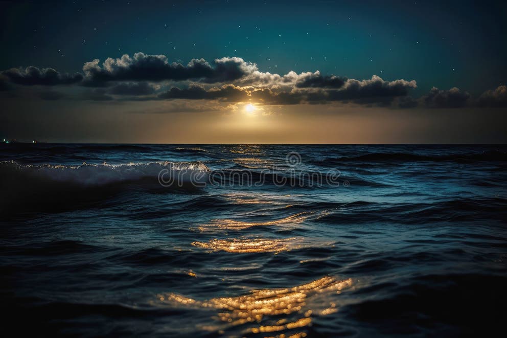 Moon Over the Sea at Night Close-up with Moonlight Path in the Style of ...