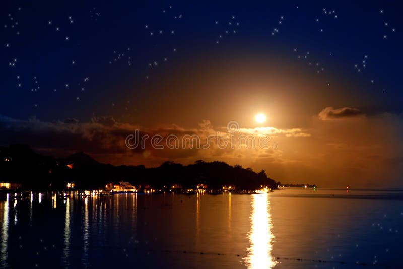 The Moon Over the Sea and Reflection in Water Stock Photo - Image of ...