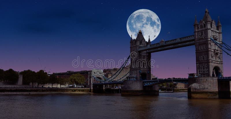The Moon Over the Tower Bridge in London - England Stock Photo - Image ...