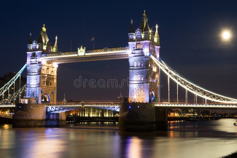 Moon Over Tower Bridge in London Stock Image - Image of bridge, night ...