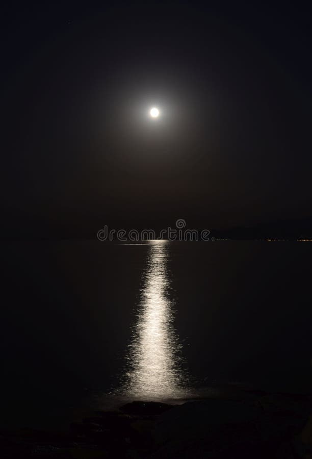 Moon path on the sea. stock image. Image of kavala, city - 100182857