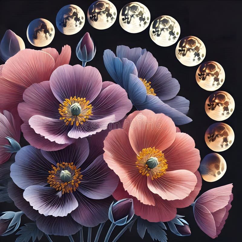 Moon Phase Flowers stock illustration. Illustration of vision - 373685136