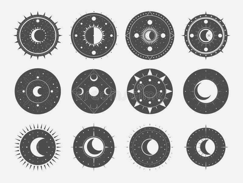 Moon Phase Template Designs Set Sun Stars Crescent, Magic Mystic Night ...