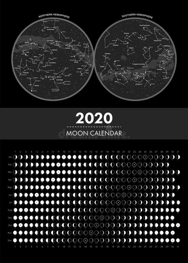 2020 Moon Phases Calendar and Star Map Vector Stock Vector ...