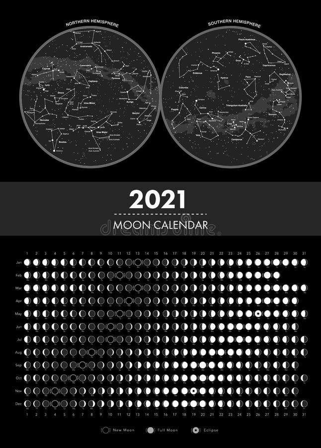 2021 Moon Phases Calendar and Hemisphere Star Map Vector Stock Vector ...