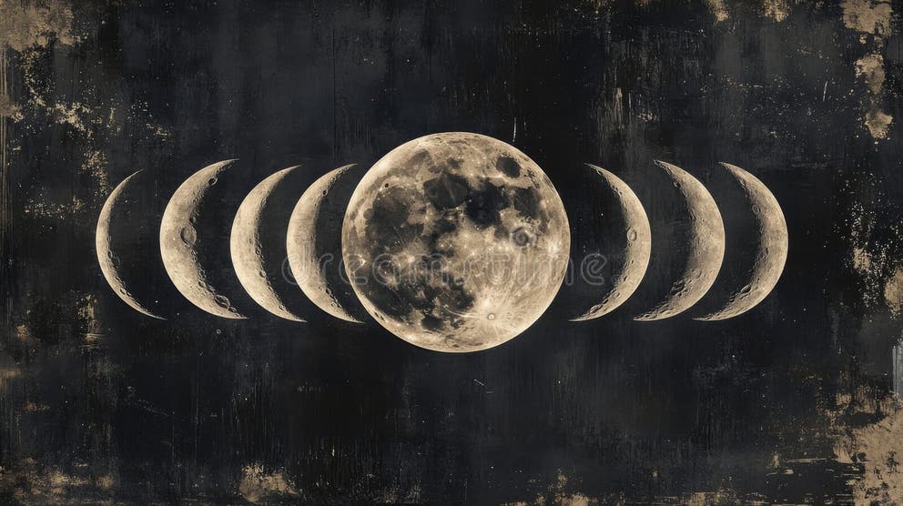 Moon Phases in Dark Night Sky Grunge Texture Stock Illustration ...