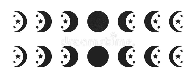 Moon Phases with Stars Icons. Moon Set with Texture and without Texture ...