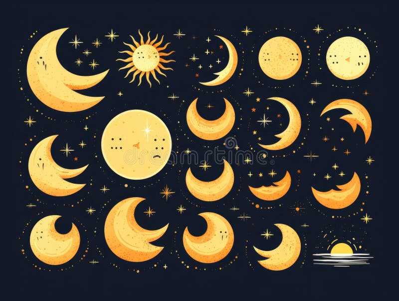 Moon Phases with Sun and Stars Stock Photo - Image of daytime, full ...