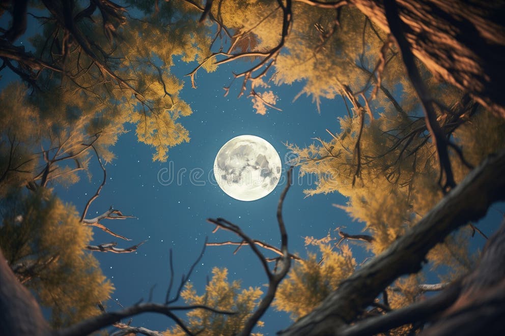 Moon Piercing through Treetop Canopy at Night Stock Illustration ...