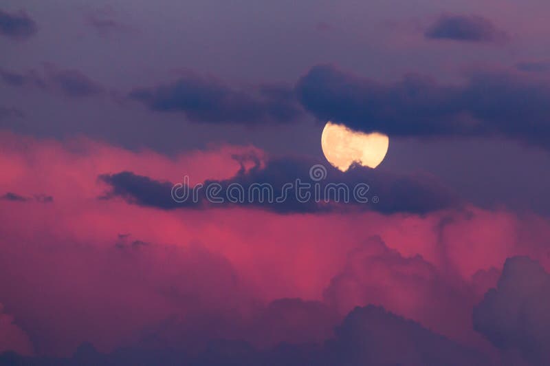 Moon in the Pink Clouds at Sunset Stock Photo - Image of lunar, mubarak ...