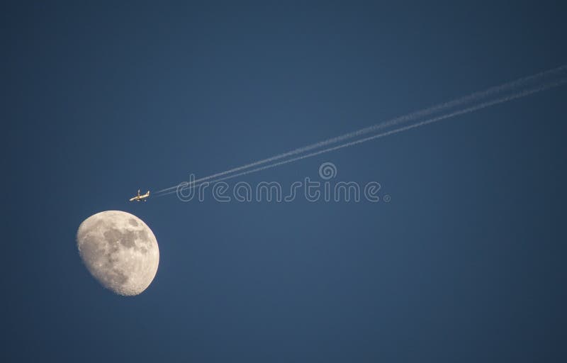 Moon and plane. stock photo. Image of plane, dusk, universe - 147204820