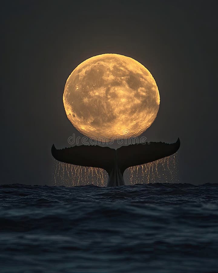 Moon is Reflected on the Water S Surface, and There S an Elegant Whale ...