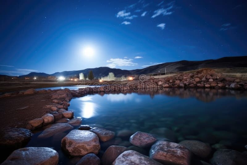 Moon Reflecting in a Quiet Hot Spring during Night Time Stock ...