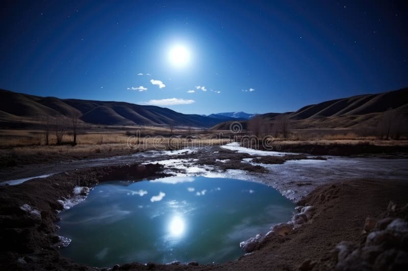 Moon Reflecting in a Quiet Hot Spring during Night Time Stock ...