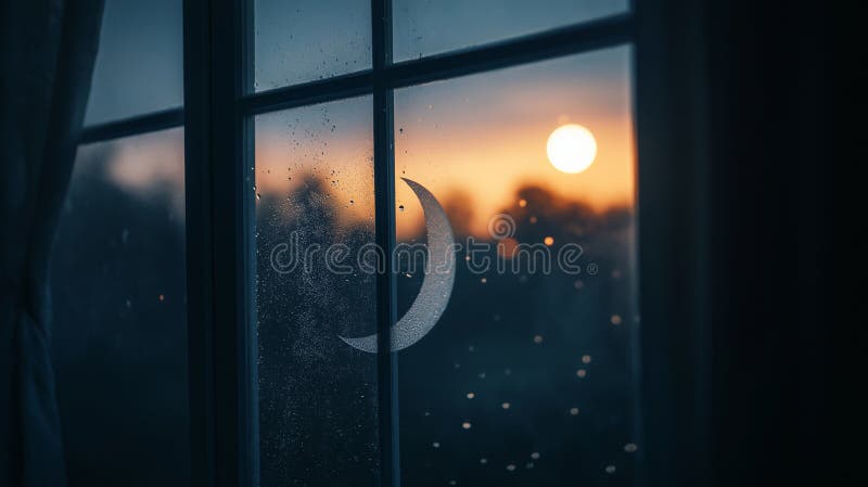Moon Reflection on Window with Sunset View, Raindrop Covered Glass ...