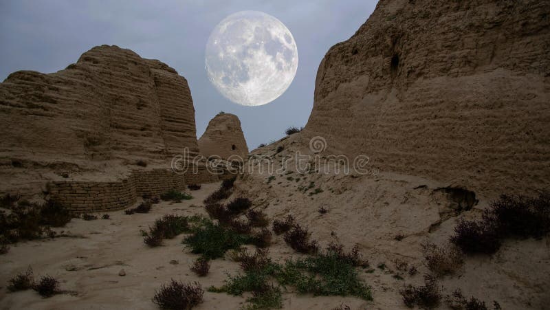 Ruins, mounds and moon stock photo. Image of moon, flew - 127444674