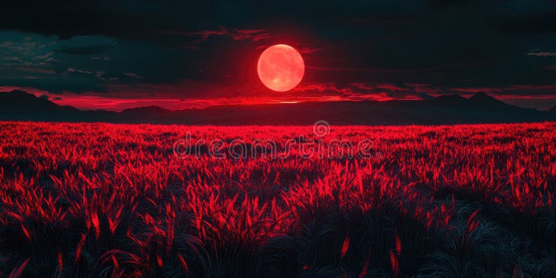 Moon Rising: a Crimson Moon Bathes a Field of Tall Grass in an Eerie ...