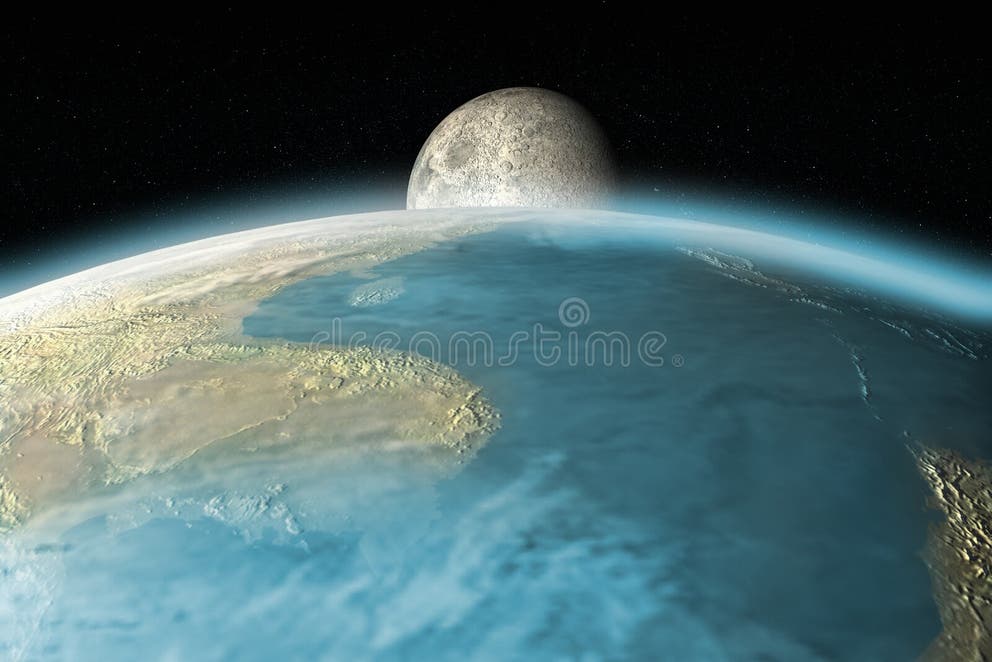 Moon Rising Over Earth Horizon Stock Illustration - Illustration of ...