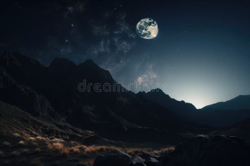 Moon Rising Over Mountain Range, with Clouds and Stars in the Sky Stock ...