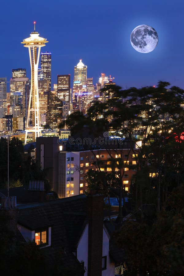 Full Moon Over Seattle Washington Skyline Panorama Stock Photo - Image ...