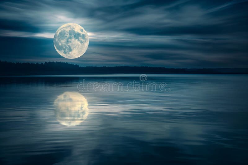 The Moon Rising Over Water As Seen from a Lake with Clouds Stock ...