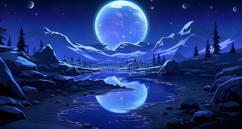The Moon Rising Over a Winter Lake in a Landscape with Trees Stock ...