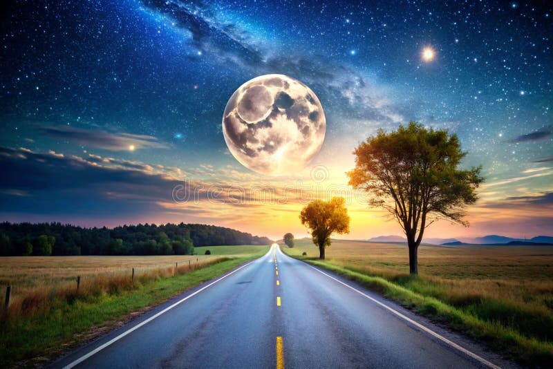 Moon Road at Night stock illustration. Illustration of scenic - 362339514