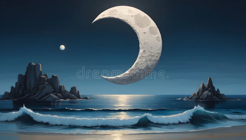 Moon and Rock on the Beach, 3d Render, Computer Digital Illustration ...