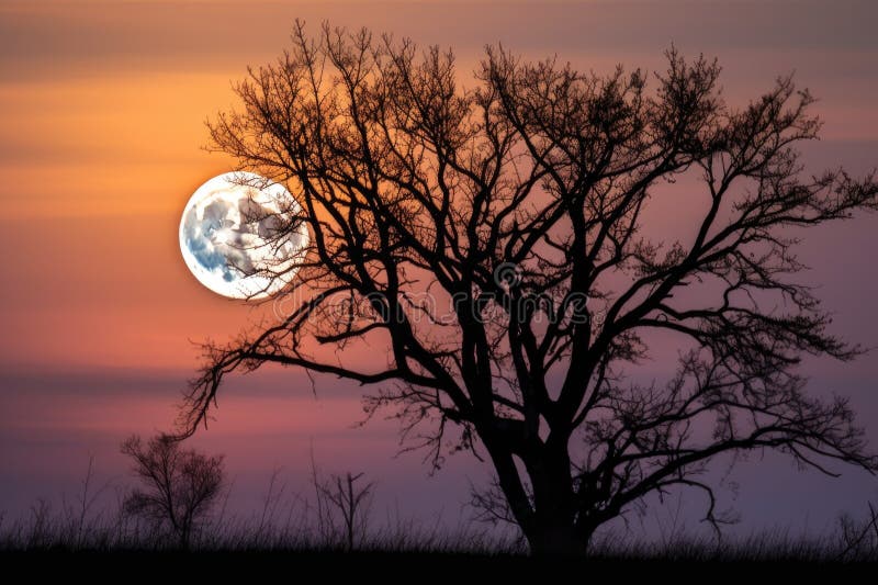 Moon Setting Behind Silhouetted Tree, with Sunrise in the Distance ...