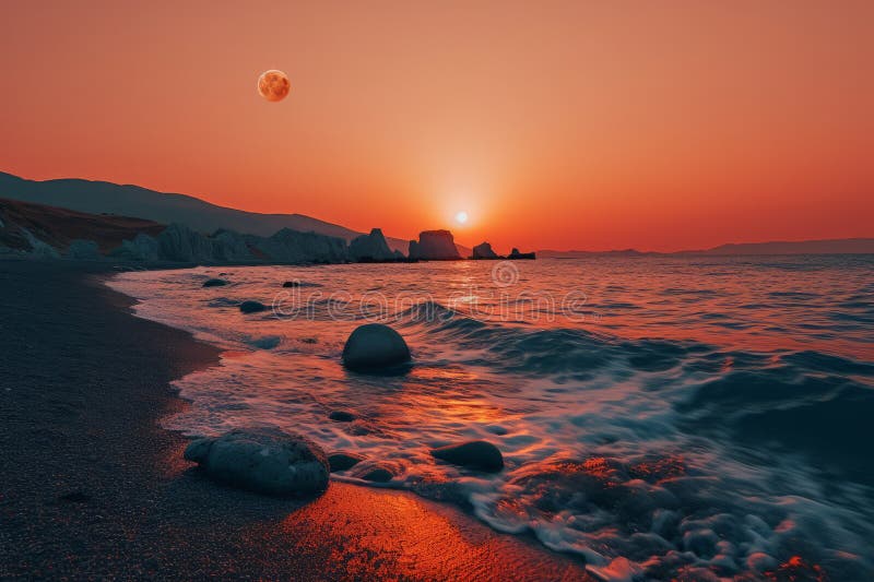 The Moon is Setting Over the Ocean in Front of Rocks Stock Illustration ...