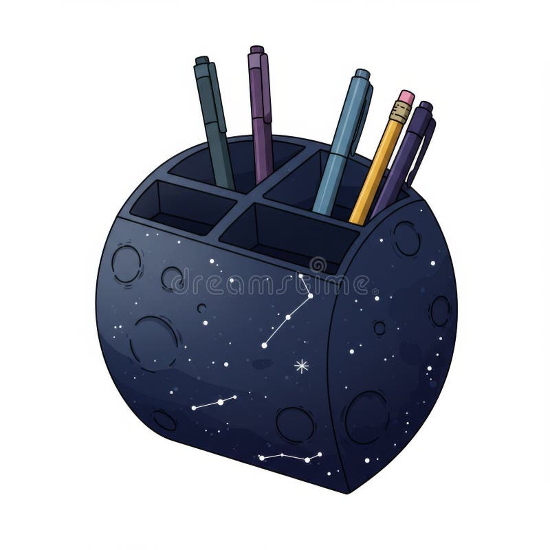 Moon Shaped Pen Holder with Stars and Pens Stock Illustration ...